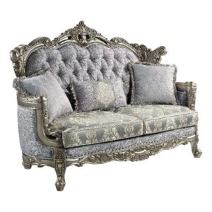 acme furniture miliani tufted fabric & wood loveseat with 3 pillows in gray