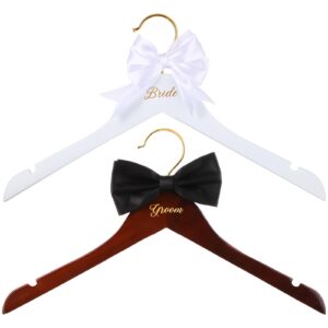 beeveer 2 pcs bride hanger bride and groom wedding dress hanger set brown wooden wedding hanger with bow tie for tuxedo suit bridal hanger with bow wedding gift bridal party shower(simple)