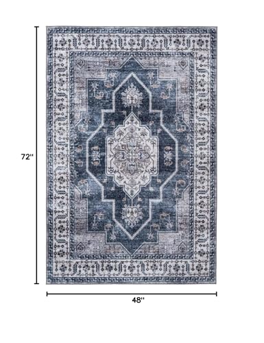 nusoarug 4x6 Area Rugs, Stain Resistant Machine Washable Rug, Anti Slip Rugs for Living Room, Boho Carpet Area Rugs Navy Blue, 4'x6'