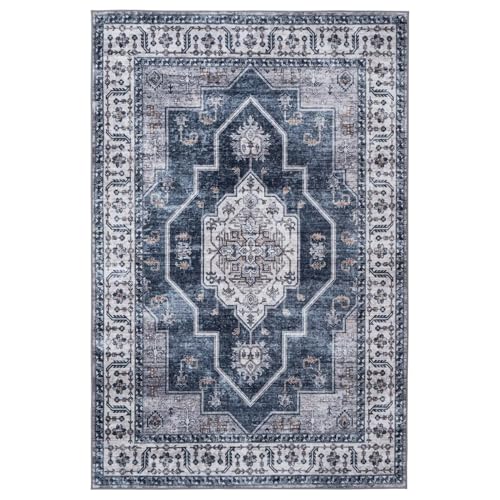 nusoarug 4x6 Area Rugs, Stain Resistant Machine Washable Rug, Anti Slip Rugs for Living Room, Boho Carpet Area Rugs Navy Blue, 4'x6'