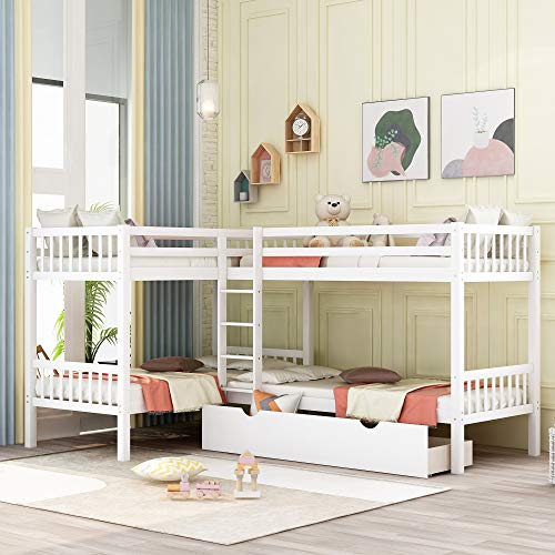 RORIGAT Twin Over Twin Quad Bunk Bed with Trundle Bed, L-Shape Bunk Bed for 4 with Ladder, Wooden Corner Bunk Bed for 4 Kids Boys Girls Teens,Gray