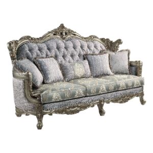 acme furniture miliani tufted fabric & wood sofa with 5 pillows in gray/bronze