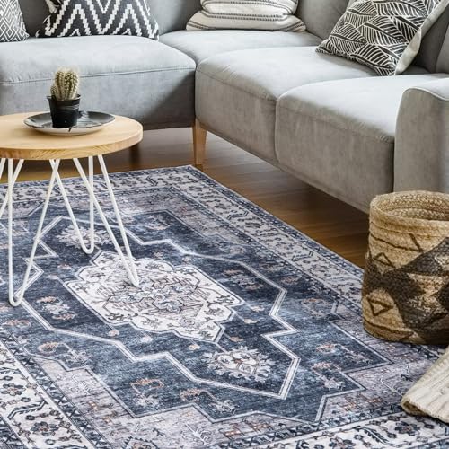 nusoarug 4x6 Area Rugs, Stain Resistant Machine Washable Rug, Anti Slip Rugs for Living Room, Boho Carpet Area Rugs Navy Blue, 4'x6'