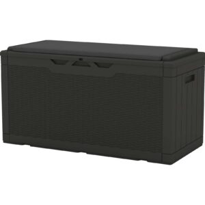 patiowell 100 gallon resin deck box with cushion, waterproof large outdoor storage box for patio furniture and garden tools, black