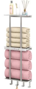 bathroom towel storage, towel racks for bathroom with 3-tier shelf & 4 hooks, towel holder for bathroom wall for rolled bath towels, brushed nickel