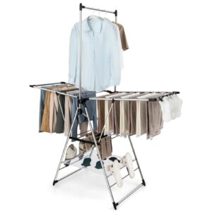 tangkula 2-layer stainless steel drying rack, foldable laundry drying rack w/ 1 hanging bar & 2 height-adjustable wings, 23 drying rails, netting drying rack, no assembly required