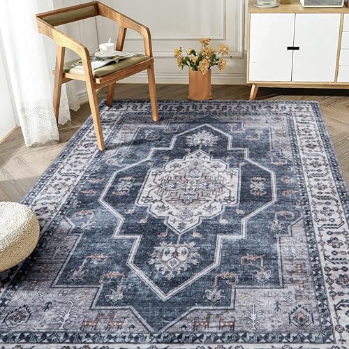 nusoarug 4x6 Area Rugs, Stain Resistant Machine Washable Rug, Anti Slip Rugs for Living Room, Boho Carpet Area Rugs Navy Blue, 4'x6'