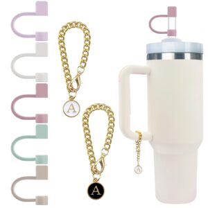 velaco 5pcs silicone straw covers cap and 2 pcs letter charm accessories - chains with initial letter for stanley 20 30 40 oz tumbler with handle