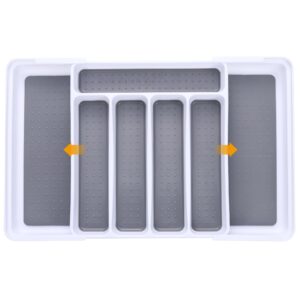 ciwivoki utensil drawer organizer, expandable silverware organizer for kitchen drawer, large cutlery tray flatware holder, plastic kitchen storage for spoons knives forks, 7-slots, white/grey