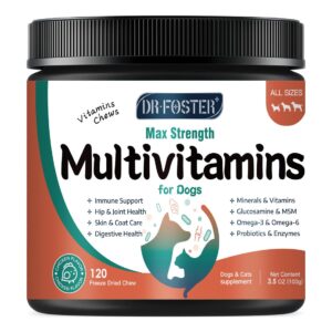 dog multivitamin with glucosamine, omega 3, minerals, probiotics and enzymes, dog vitamins and supplements for joint, skin & coat care, digestive and immune health, chicken flavor - 120 chews