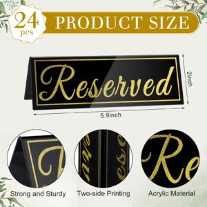 Yaocom 24 Pcs Reserved Table Signs Acrylic Guest Reservation Table Tents 5.9 x 2 Inch Reserved Seating Signs for Wedding Restaurant Office Meeting Chairs Birthday Party, Gold Words Black Background