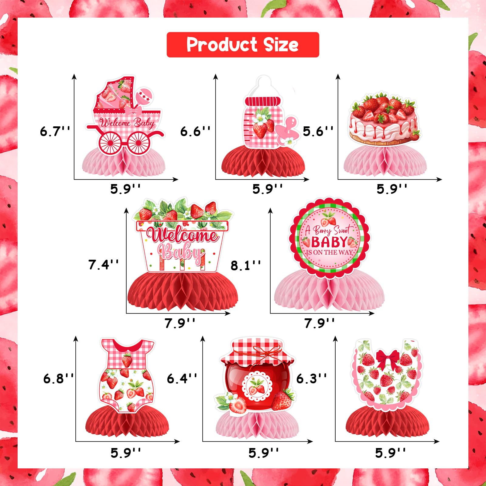 Sursurprise Strawberry Baby Shower Decorations, 8 Pieces Strawberry Honeycomb Centerpieces, A Berry Sweet Baby Is On The Way Table Topper Decor for Girls Fruit Themed Party Supplies