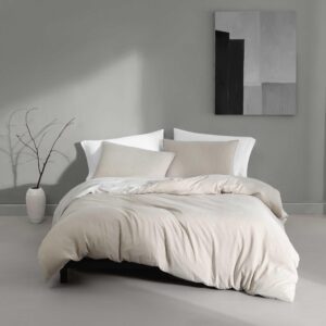 calvin klein - queen duvet cover set, reversible tencel bedding with matching shams, modern home decor (flax beige, queen)