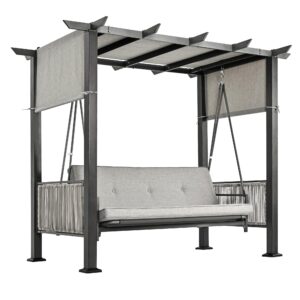 pamapic 3-seat patio swing chair,outdoor patio swing bed with adjustable curtains,porch swing bed for balconies, gardens and poolside,grey