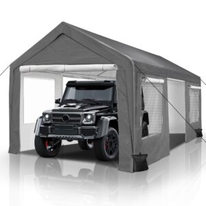 qzen carport 10x20ft portable garage, heavy duty car canopy with roll-up ventilated windows & side doors, car port for suv, f150, car, truck, boat (10' x 20'grey and white)