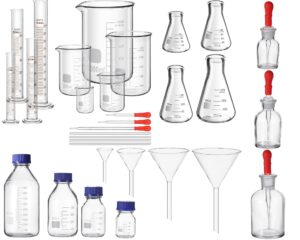 saysurey 31 pcs lab glassware set include measuring beakers cylinders erlenmeyer flasks dropper bottle media bottles glass stirring rods dropper funnels for science chemistry equipment supplies