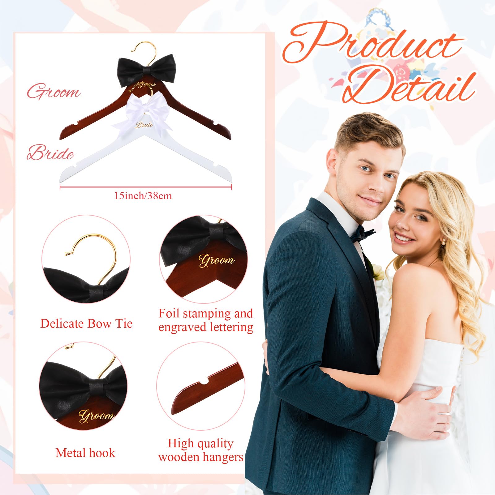 Beeveer 2 Pcs Bride Hanger Bride and Groom Wedding Dress Hanger Set Brown Wooden Wedding Hanger with Bow Tie for Tuxedo Suit Bridal Hanger with Bow Wedding Gift Bridal Party Shower(Simple)