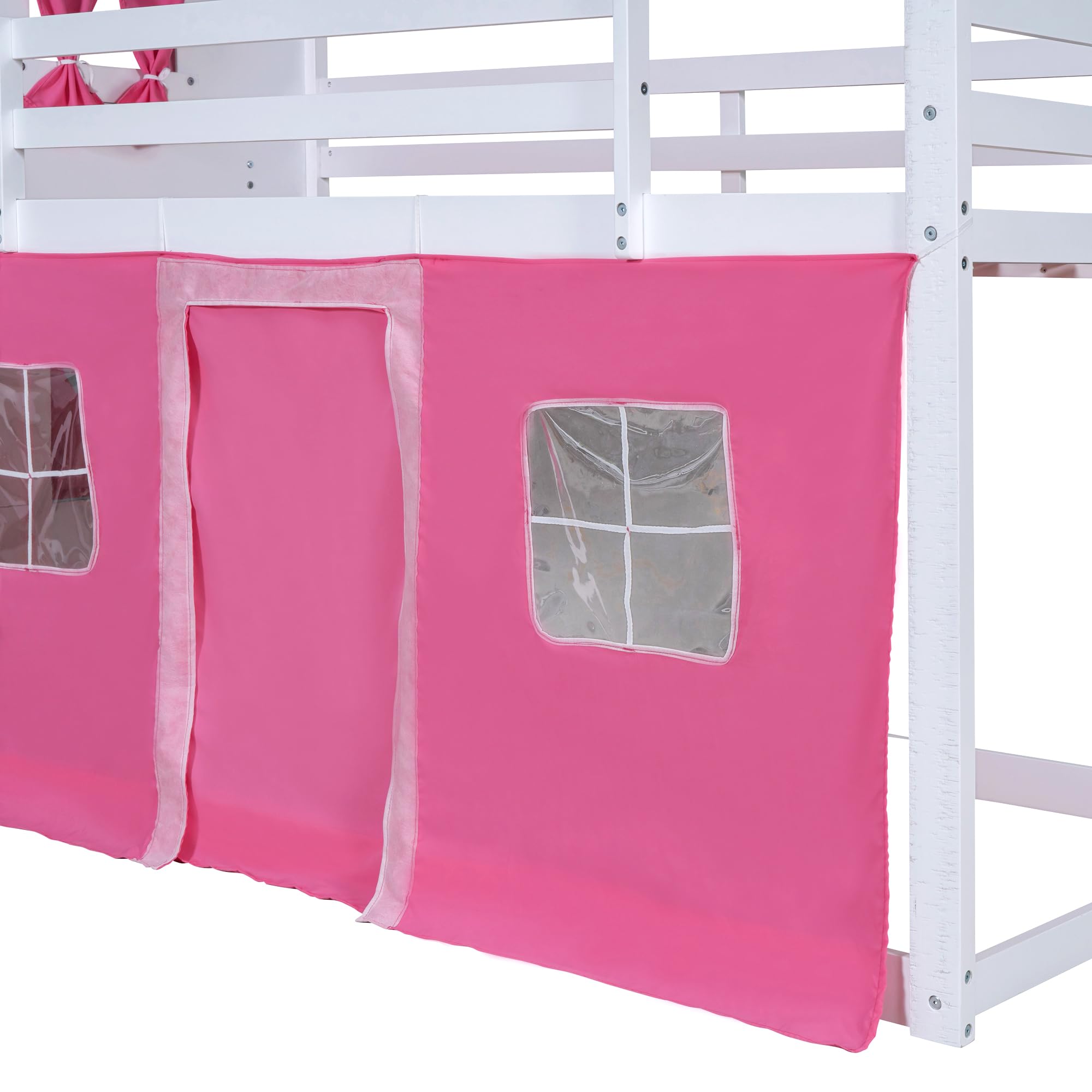 Favfurish Full Size Bunk Wood House Bed with Elegant Windows, Sills and Tent,Castle Design Wooden Bed Frame,w/Safety Guardrails & Ladder,for Kids,Teens,Boys,Girls,Pink+White