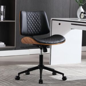 beryth home office chair no arms with wheels, adjustable height small desk chair, pu leather mid back 360 swivel computer chair, armless modern walnut chair for office, reading meeting room(black)