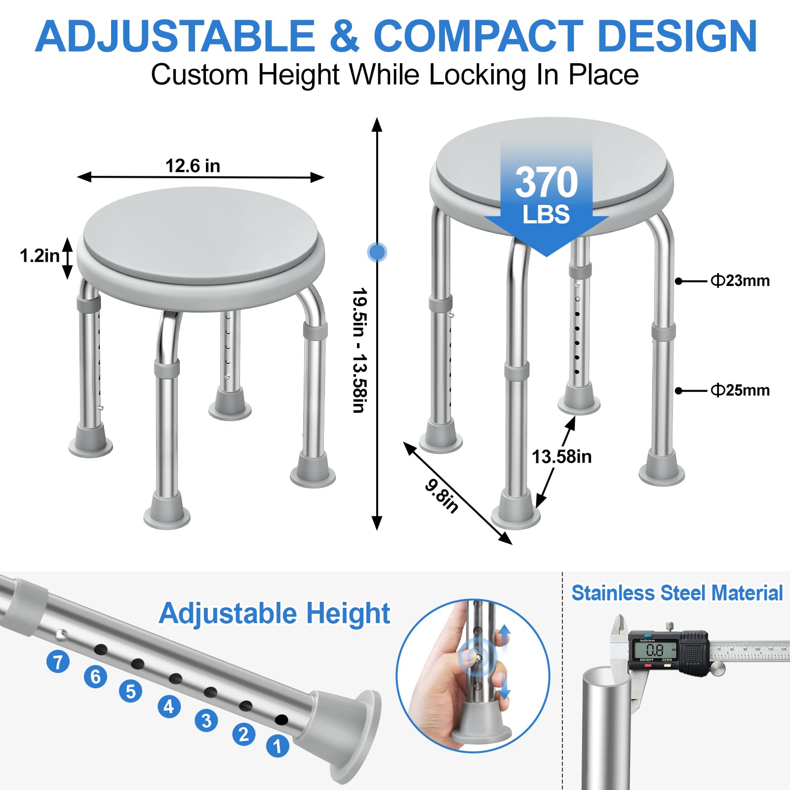 UGarden Upgraded Heavy Duty Stainless Steel Small Shower Chair for Inside Shower, Safety Anti-Slip 370lbs Shower Stool for Inside Bathtub, Gray Round Shower Stool w/Grab Bar, Bath Seats for Elderly