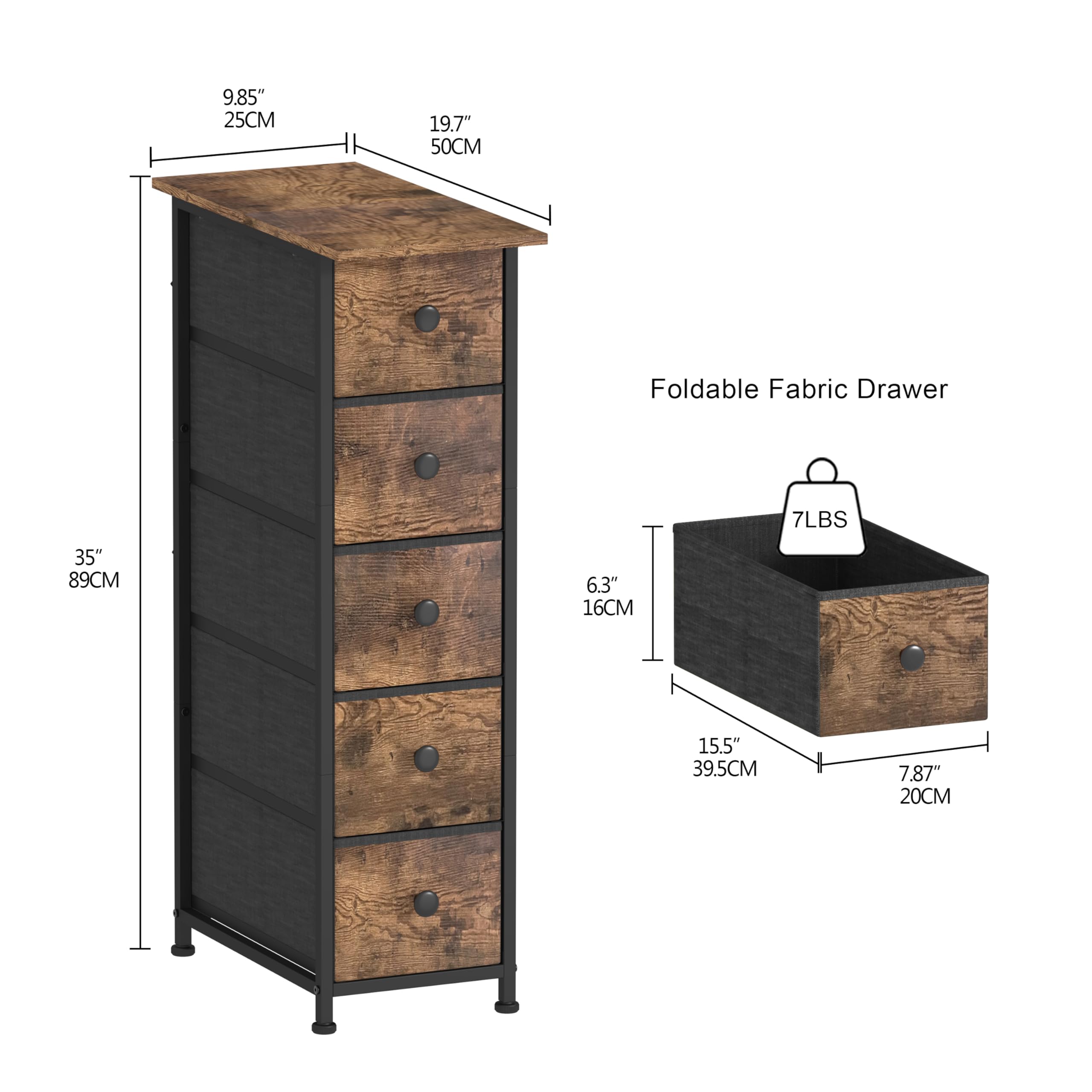 GiftGo Narrow Dresser Vertical Slim Dresser Chest of Drawers Skinny Storage Tower for Small Spaces Gaps Closet Bedroom Bathroom Small Fabric Drawer Unit (Rustic Brown, 5 Drawers)