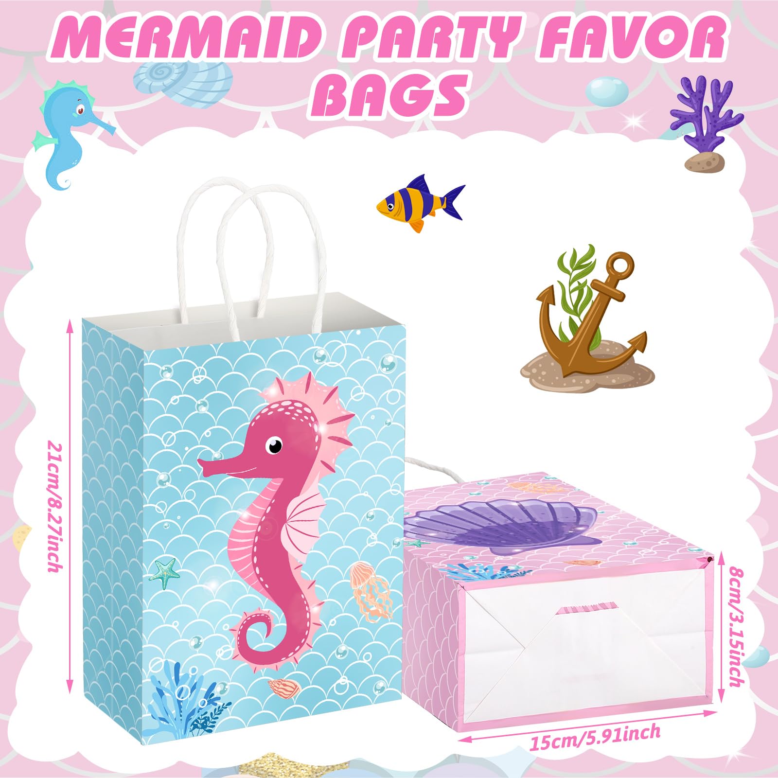 Outus 24 Pcs Mermaid Birthday Party Favor Bags Mermaid Gift Bags Under the Sea Goodie Treat Gift Wrap Bags Kraft Paper Candy Bags for Kids Mermaid Princess Baby Shower Party Supplies