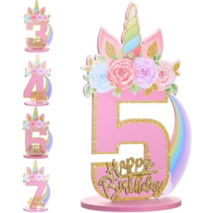 miniinflat unicorn 3/5/6th birthday number sign centerpiece for girls 11.8 inch unicorn number wooden table decoration unicorn party supplies for kids birthday anniversary((number 5)