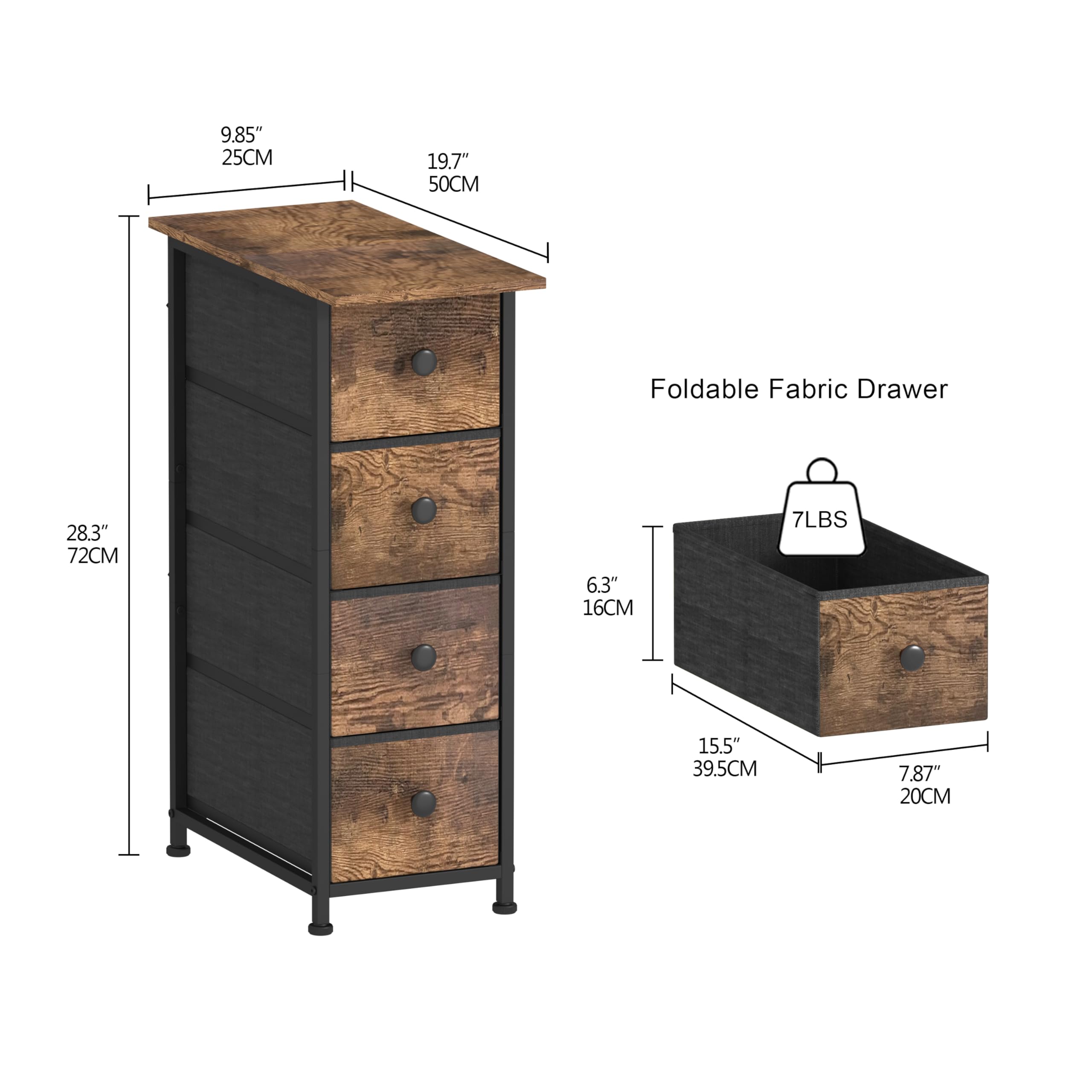 GiftGo Narrow Dresser Vertical Slim Dresser Chest of Drawers Skinny Storage Tower for Small Spaces Gaps Closet Bedroom Bathroom Small Fabric Drawer Unit (Rustic Brown, 4 Drawers)