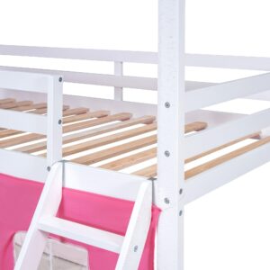 Favfurish Full Size Bunk Wood House Bed with Elegant Windows, Sills and Tent,Castle Design Wooden Bed Frame,w/Safety Guardrails & Ladder,for Kids,Teens,Boys,Girls,Pink+White