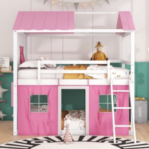 Favfurish Full Size Bunk Wood House Bed with Elegant Windows, Sills and Tent,Castle Design Wooden Bed Frame,w/Safety Guardrails & Ladder,for Kids,Teens,Boys,Girls,Pink+White