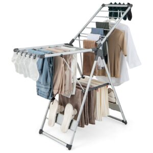 tangkula collapsible clothes drying rack, 2-layer space-saving aluminum drying rack w/adjustable wings, folding laundry drying rack for indoor & outdoor use