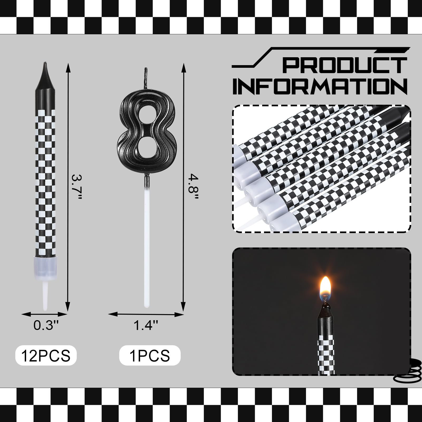 MTLEE 13 Pcs Race Car Birthday Candles Race Car Cupcake Candle 1 to 9 Number Candle Black and White Checkered for Boy Kids Racing Cars Birthday Decoration Baby Shower Supplies(Number 8)