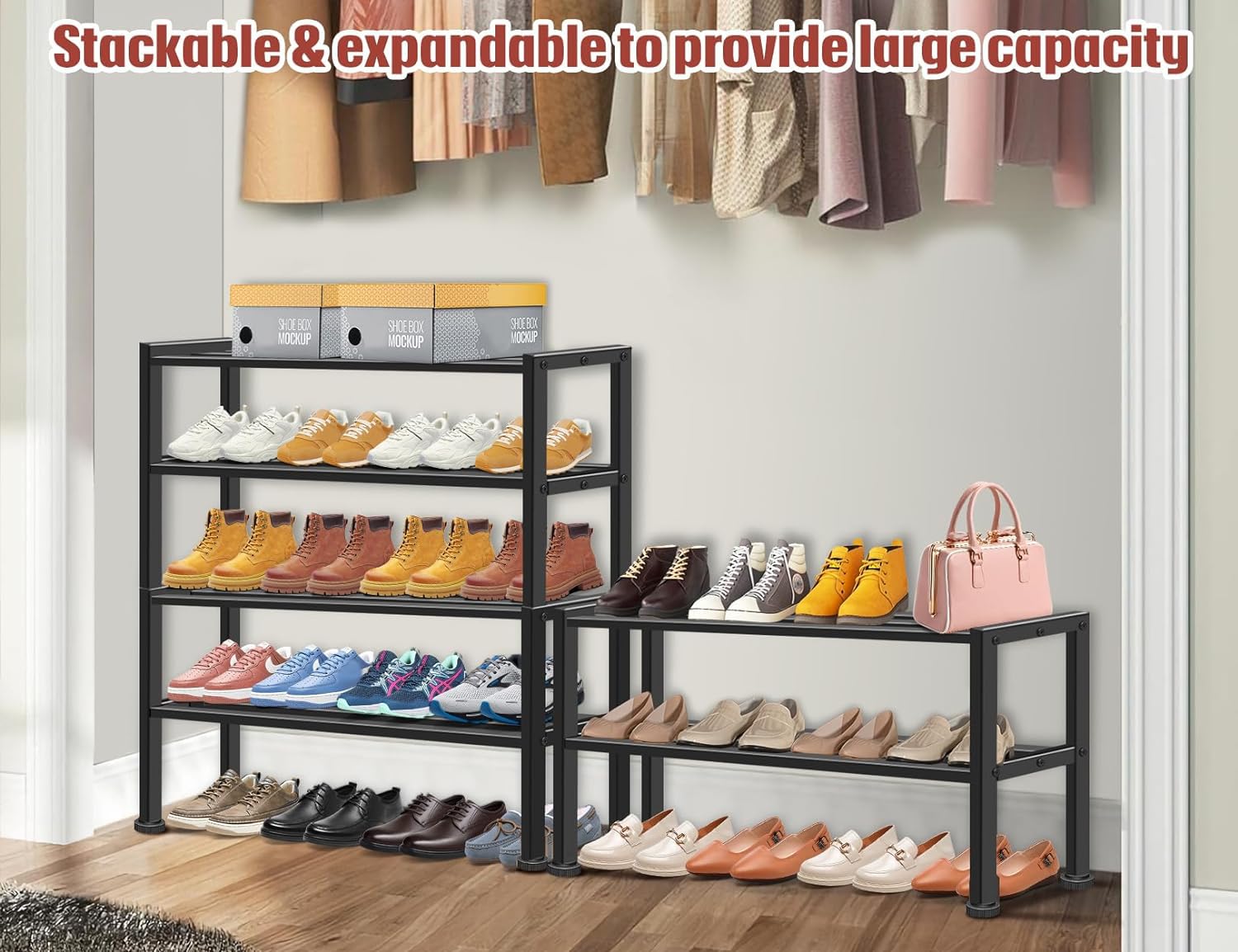 KEETDY Heavy Duty Shoe Rack for Closet Entryway, Stackable Shoe Organizer for Small Space Metal Shoe Rack Shelf Storage for Bedroom, Floor, Outdoor (Black)