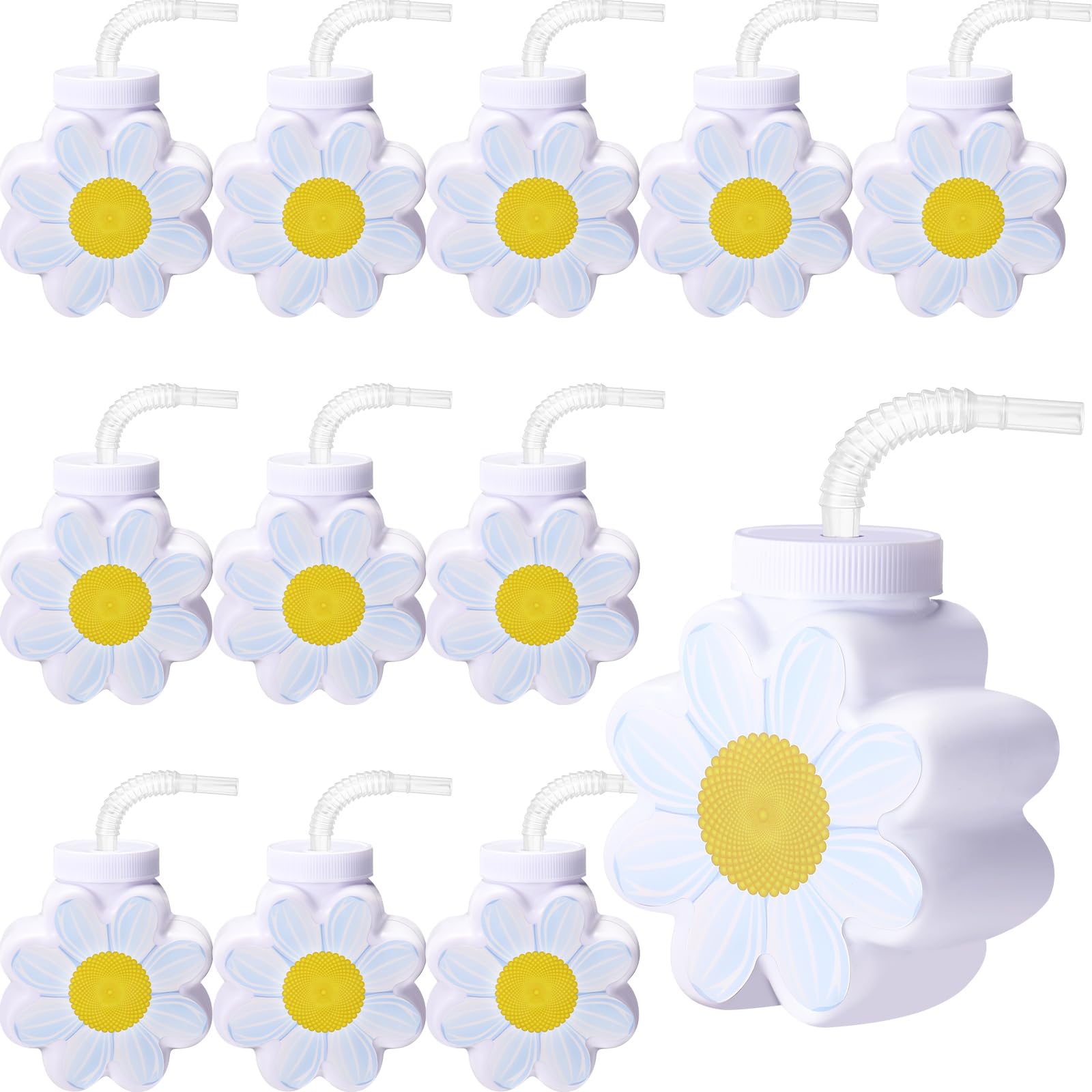 Domensi 12 Pcs Daisy Flower Cups with Lids and Straws, 10 oz Daisy Flower Plastic Cups for Daisy Birthday Party, Daisy Themed Party, Wedding Baby Shower Party Decorations Supplies