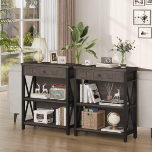 FATORRI Rustic Bookshelf with Drawer, Industrial Wood and Metal Bookcase, Small Book Shelf and Low Book case for Small Space (Walnut Brown)