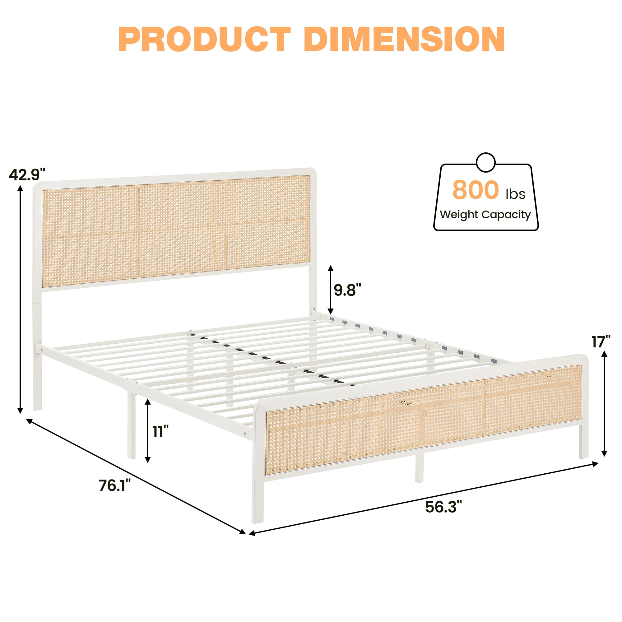 GAOMON Full Size Rattan Bed Frame with Headboard, Modern Style Cane Boho Bed Frames with Heavy Duty Sturdy Steel Slat Support, No Box Spring Needed, White