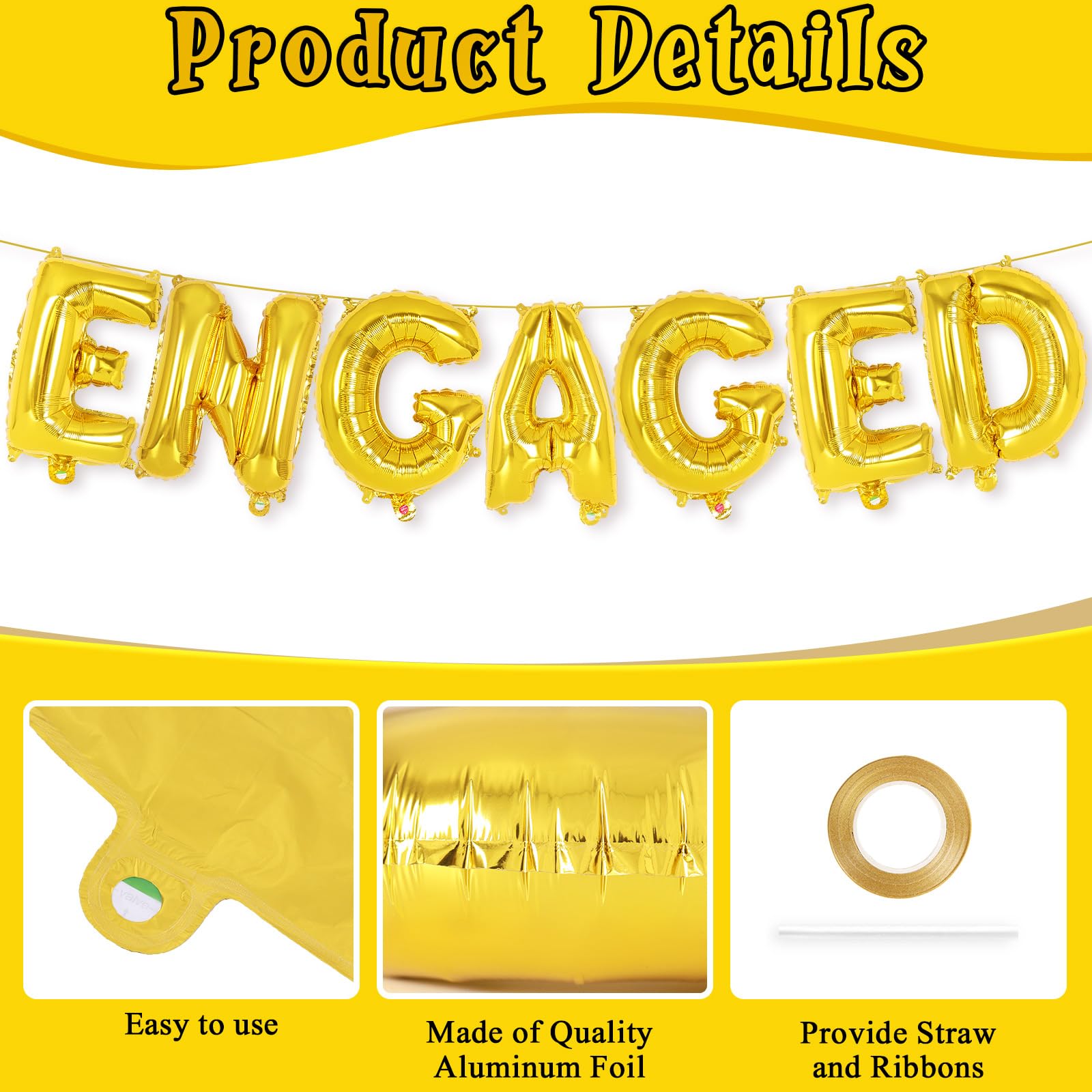 Gold Engaged Balloons Letters,16 inch Foil Engagement Balloons for Engaged Decorations, Engagement Party Decorations Engaged Banner for Wedding Bridal Shower Bachelorette Party Decorations