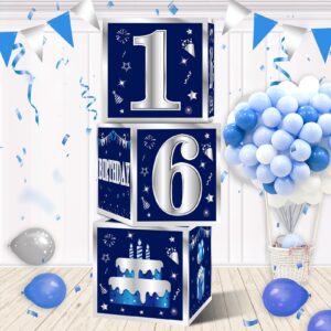 turypaty 3 packs blue silver 16th birthday decorations boxes for men boys, blue navy happy 16 birthday balloons boxes party supplies, sixteenth years old bday cardboard box decoration