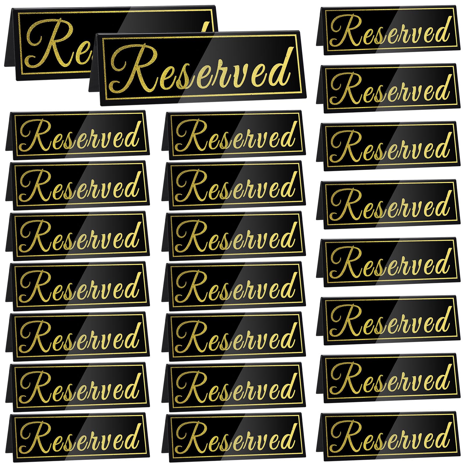 Yaocom 24 Pcs Reserved Table Signs Acrylic Guest Reservation Table Tents 5.9 x 2 Inch Reserved Seating Signs for Wedding Restaurant Office Meeting Chairs Birthday Party, Gold Words Black Background