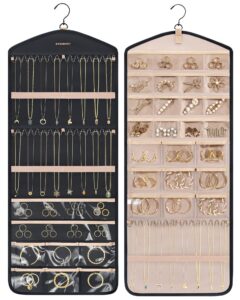 bagsmart hanging jewelry organizer with hanger metal hooks double-sided jewelry holder for organizing earrings necklaces rings perfect for in hanging closet, wall, door, 1 piece, large, black