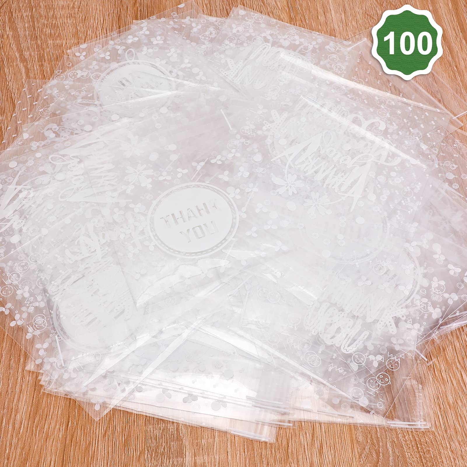 Konsait 100Count Thank You Cookie Candy Treat Bags Self-adhesive Sweets Biscuit Dessert Bags Plastic Bags Packaging Thank You Cellophane Gift Goody Bags for Bithday Party Favors 5.9×7inch