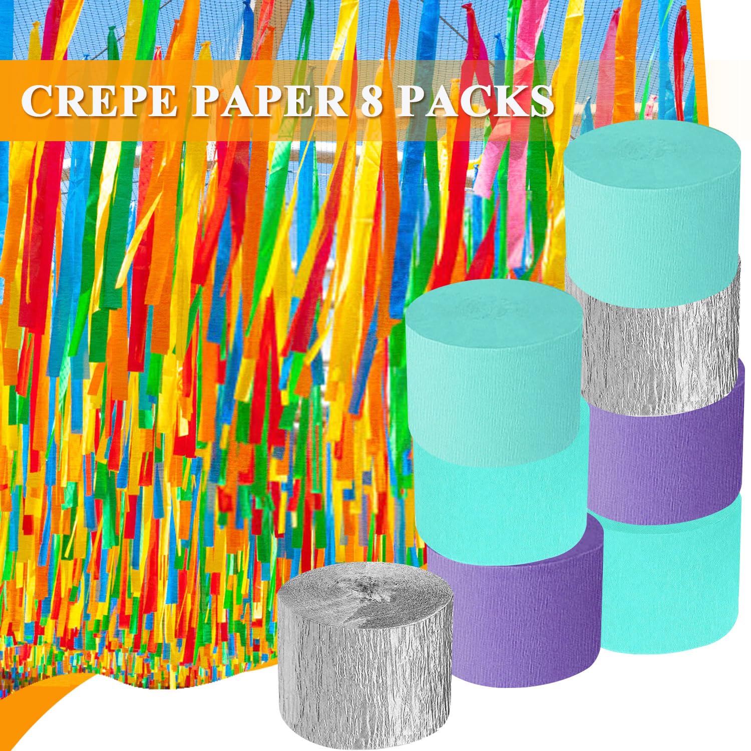 Crepe Paper Streamers 656ft 8 Rolls, Pack of Blue, Purple and Silver Party Streamers for Birthday Wedding Baby Bridal Shower Decorations Christmas Craft Supplies (1.8 Inch x 82 Ft/Roll)