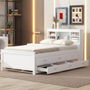 twin bed frame with bookcase headboard and charging station, wood captain bed with trundle and storage drawers for kids boys girls, noise free, no box spring needed, white