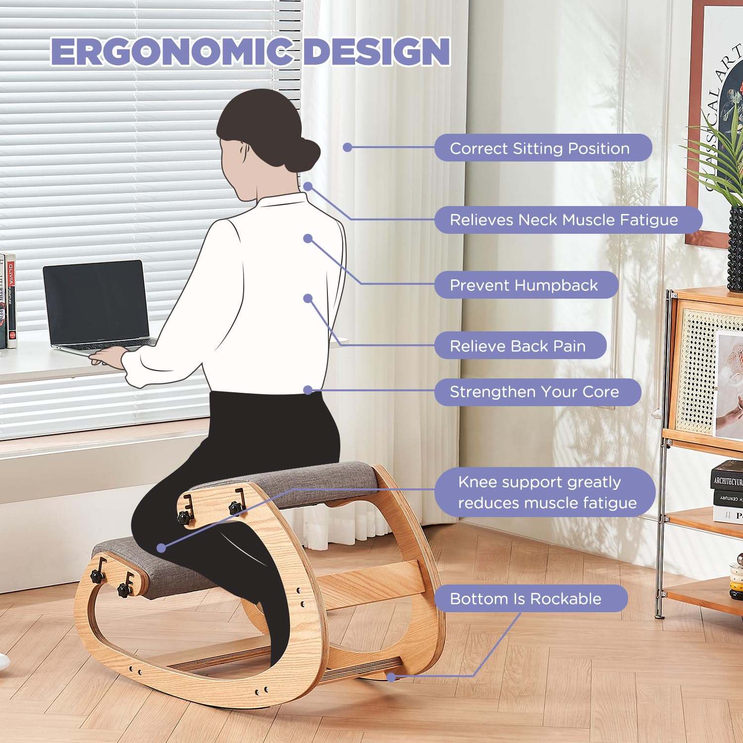 MoomJiee Ergonomic Kneeling Chair,Adjustable Rocking Knee Chair for Home Office,Wooden Office Chair for Back Pain Relief,Grey