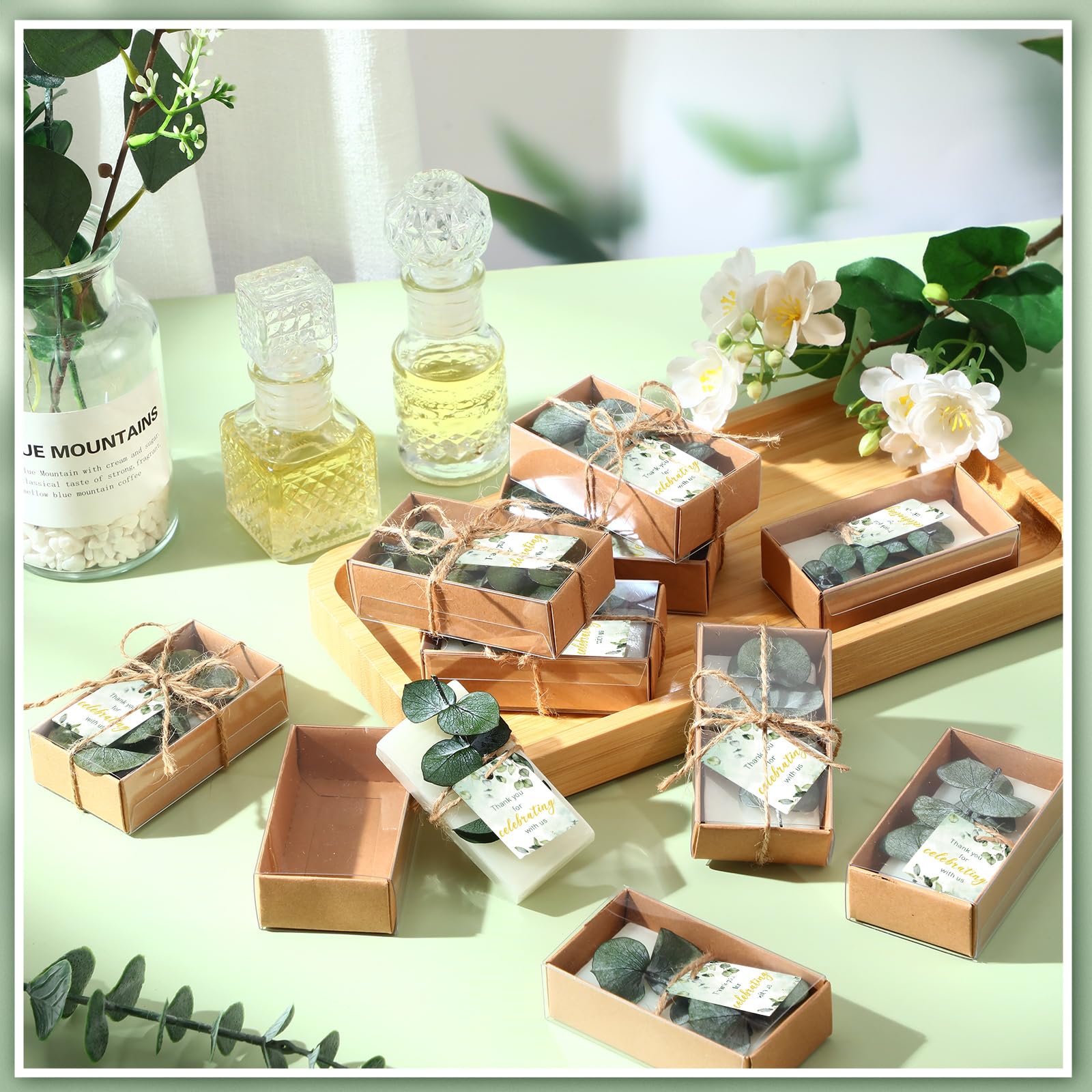 Dansib 24 Sets Mini Eucalyptus Handmade Soaps Wedding Soap Bulk Party Gifts Wedding Baby Shower Gifts for Guest with Thank You Cards Box for Bridal Shower Wedding