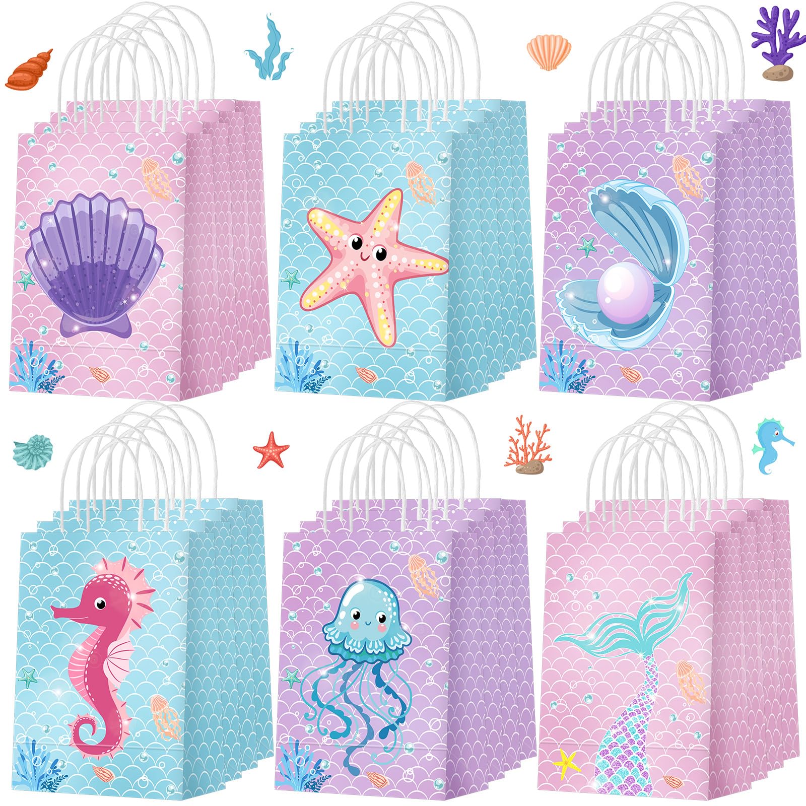 Outus 24 Pcs Mermaid Birthday Party Favor Bags Mermaid Gift Bags Under the Sea Goodie Treat Gift Wrap Bags Kraft Paper Candy Bags for Kids Mermaid Princess Baby Shower Party Supplies