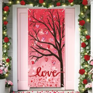 valentines love door cover decorations love tree spring valentines door banner red pink love heart front door hanging backdrop banner for valentine's day wedding anniversary bridal house supplies