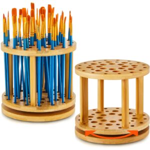 beeveer 2 pieces 360 rotating paint brush holder 40 holes wooden paint brush organizer large capacity paint brush holder for artist paint brush storage for desk arts crafts supply organizer