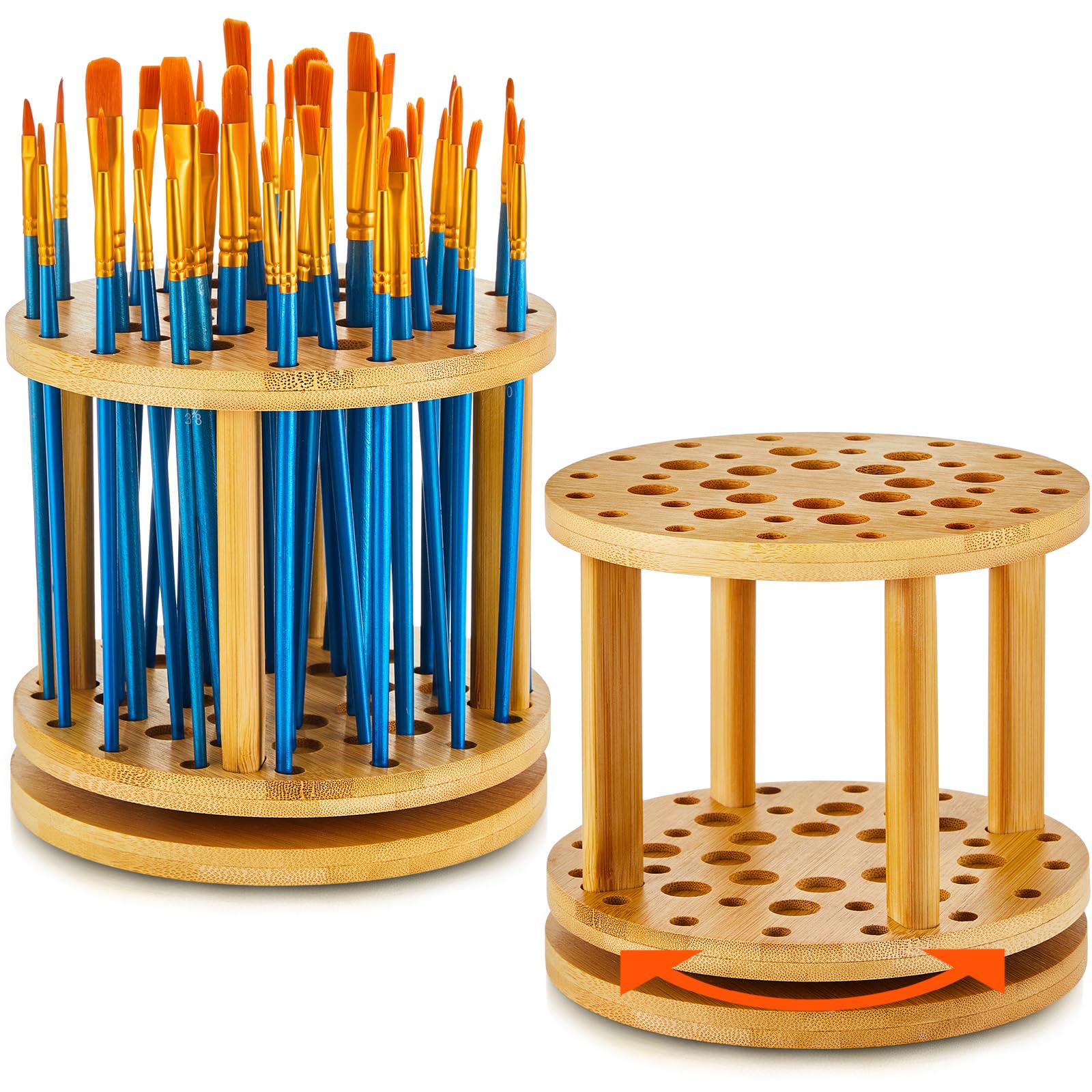 Beeveer 2 Pieces 360 Rotating Paint Brush Holder 40 Holes Wooden Paint Brush Organizer Large Capacity Paint Brush Holder for Artist Paint Brush Storage for Desk Arts Crafts Supply Organizer