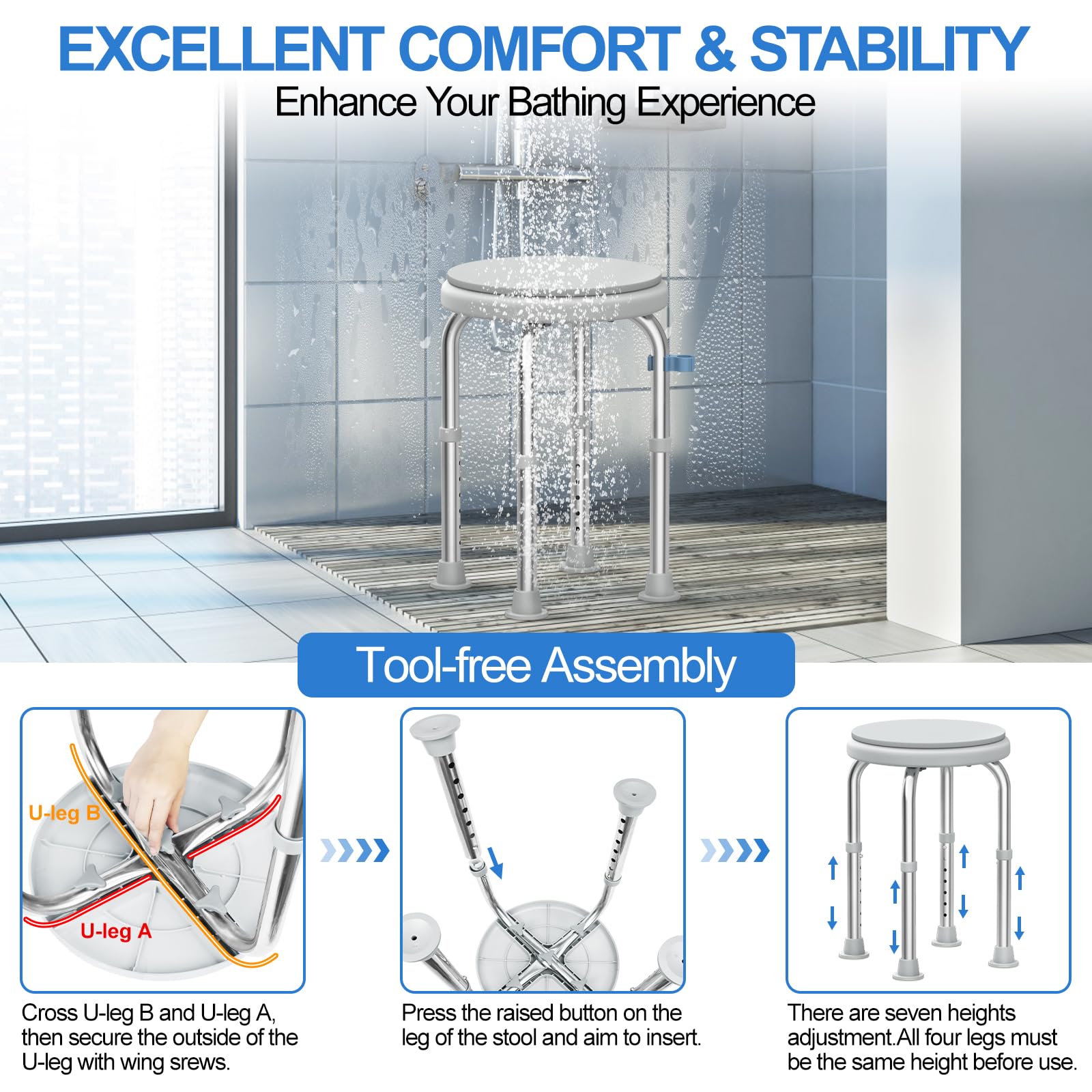 UGarden Upgraded Heavy Duty Stainless Steel Small Shower Chair for Inside Shower, Safety Anti-Slip 370lbs Shower Stool for Inside Bathtub, Gray Round Shower Stool w/Grab Bar, Bath Seats for Elderly